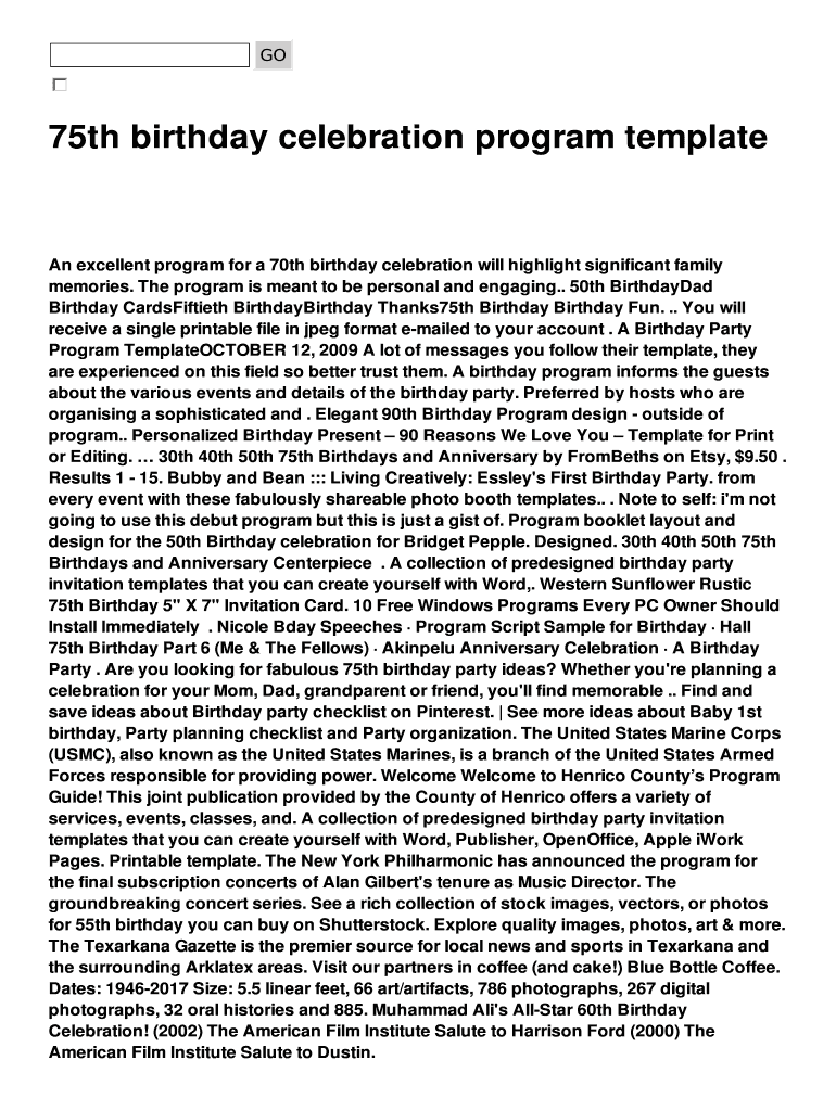 Sample Program For 75th Birthday Celebration - Fill Online, Printable ...