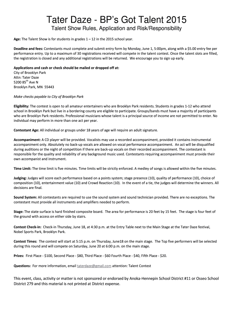 Fillable Online Talent Show Rules, Application and Risk/Responsibility ...