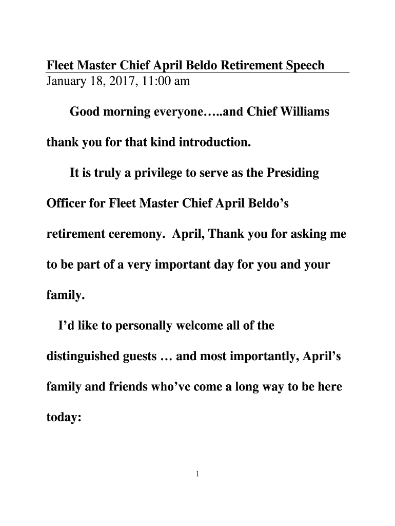 Fillable Online Fleet Master Chief April Beldo Retirement Speech Fax ...