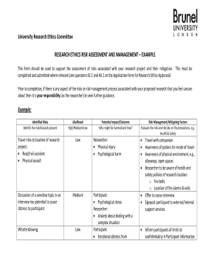 Fillable Online RESEARCH ETHICS RISK ASSESSMENT AND MANAGEMENT EXAMPLE ...