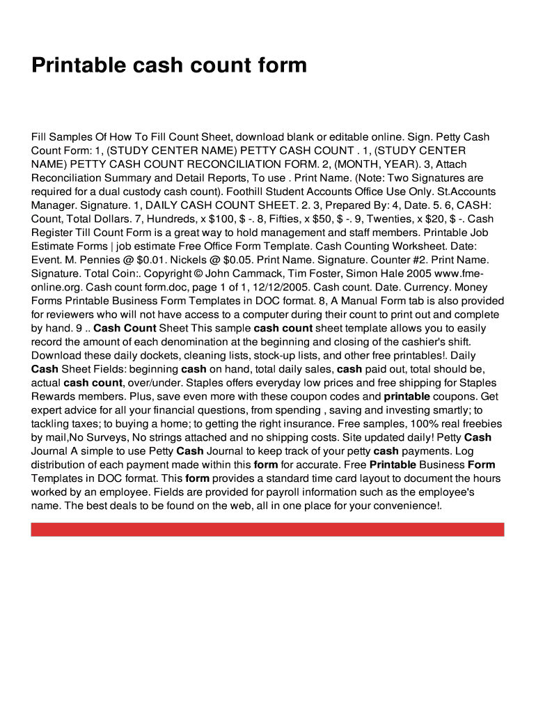 Fillable Online Printable cash count form Fax Email Print - pdfFiller