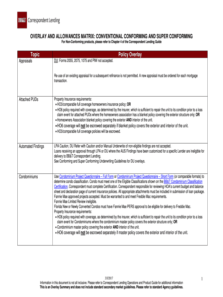 Fillable Online OVERLAY AND ALLOWANCES MATRIX: CONVENTIONAL CONFORMING ...