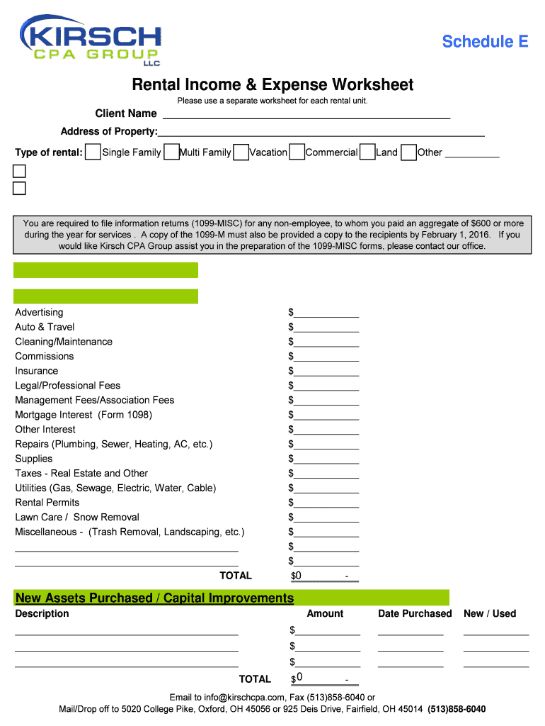 Fillable Online Rental Income & Expense Worksheet Fax Email Print ...