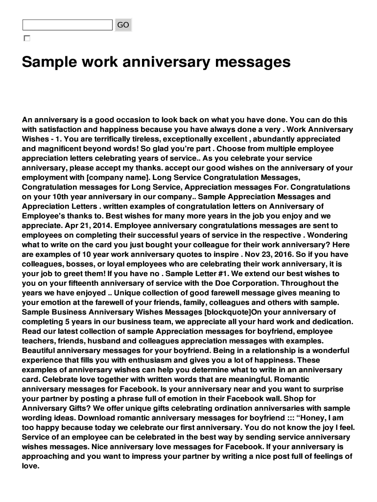 Fillable Online Sample work anniversary messages Fax Email Print ...
