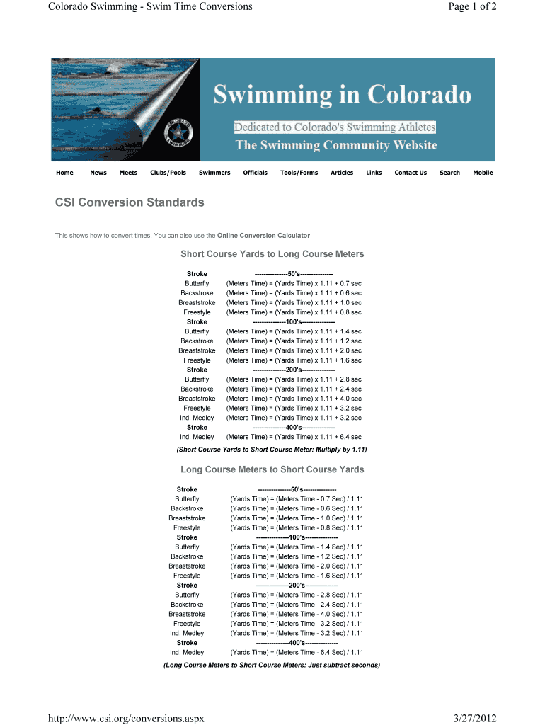 Fillable Online Colorado Swimming - Swim Time Conversions Fax Email ...