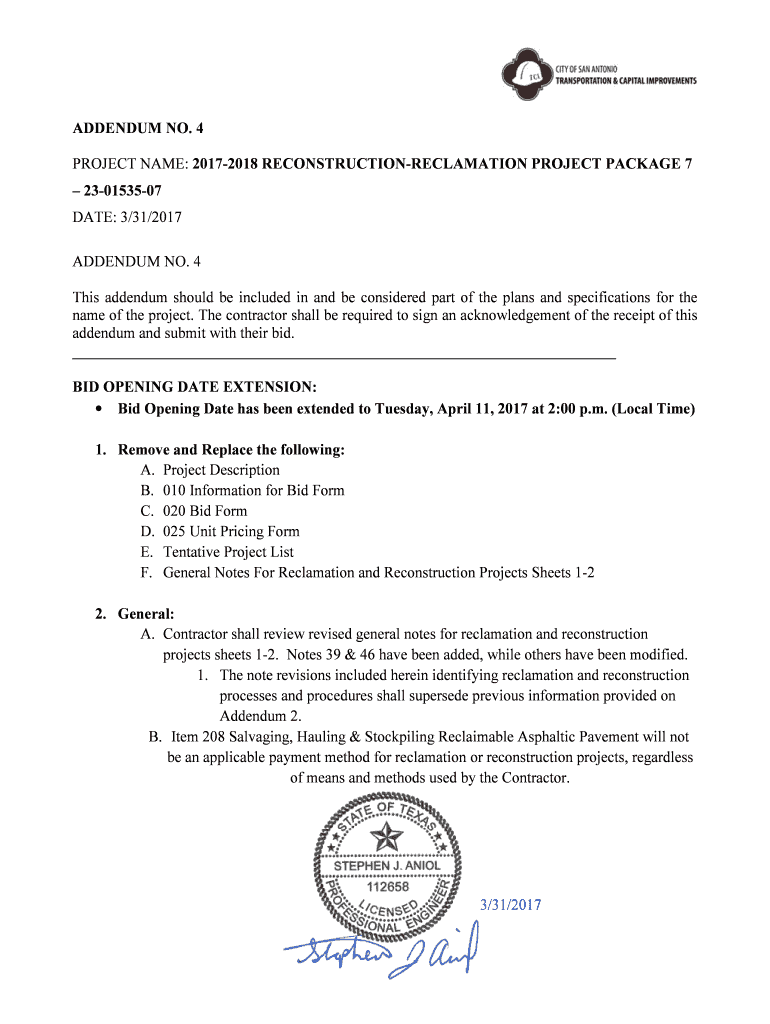 Fillable Online PROJECT NAME: 2017-2018 RECONSTRUCTION-RECLAMATION ...