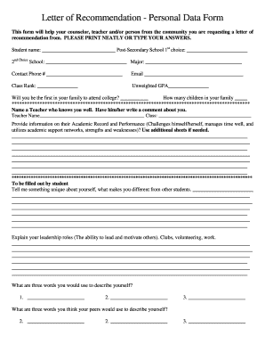 Fillable Online Letter of Recommendation - Personal Data Form Fax Email Print - pdfFiller