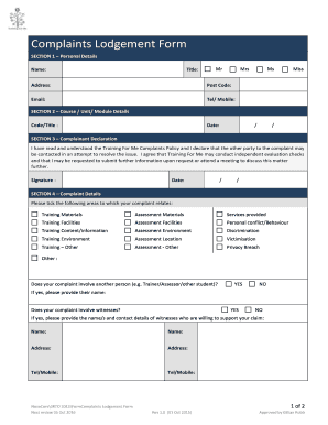 Fillable Online Complaints Lodgement Form Fax Email Print - pdfFiller