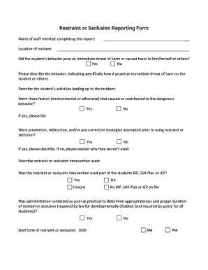 Fillable Online Restraint or Seclusion Reporting Form Fax Email Print ...