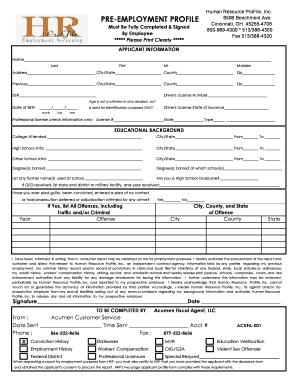 Fillable Online PRE-EMPLOYMENT PROFILE Fax Email Print - pdfFiller