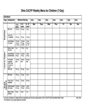 Fillable Online Ohio CACFP Weekly Menu for Children (7-Day) Fax Email ...