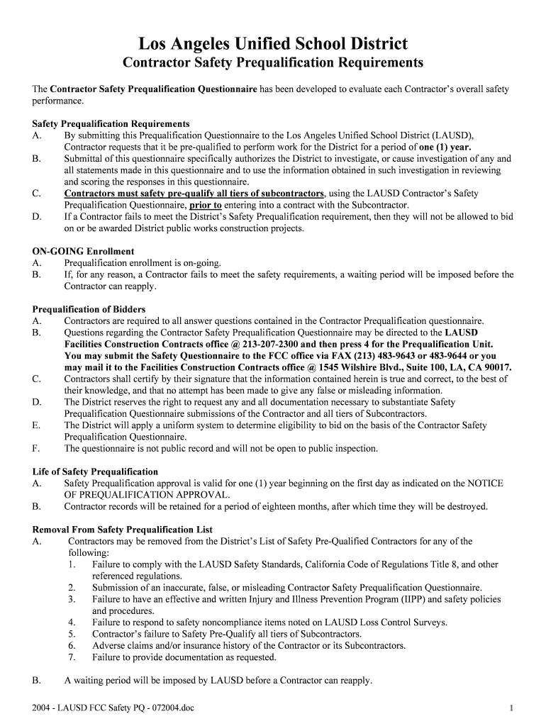 Fillable Online The Contractor Safety Prequalification Questionnaire ...