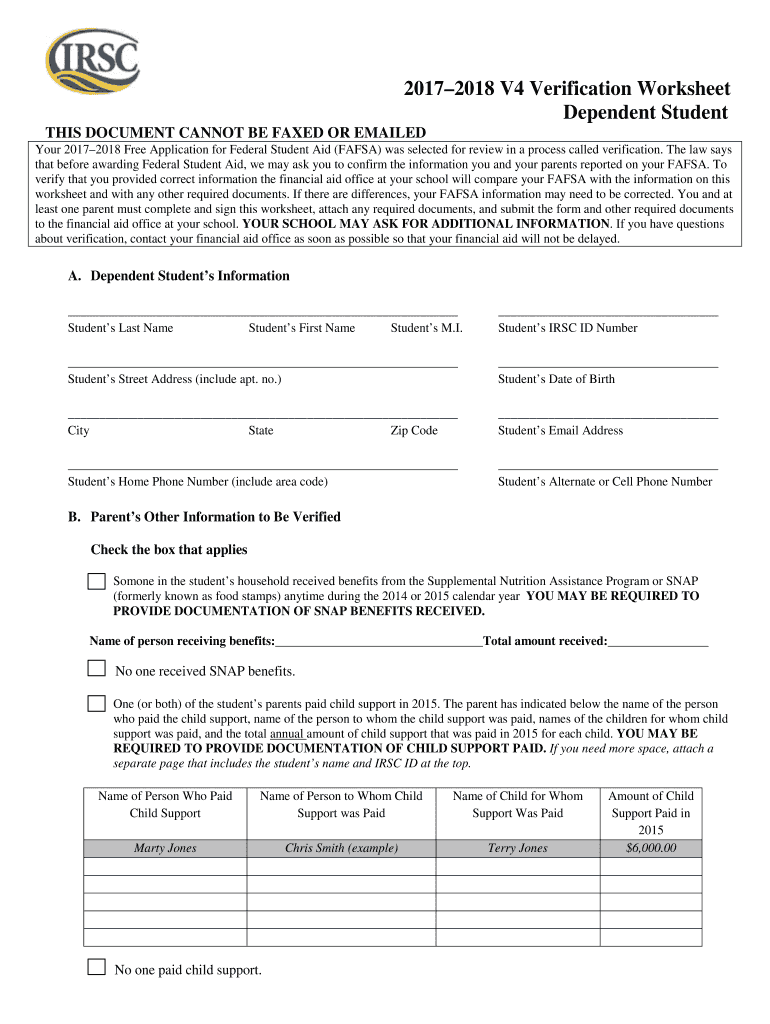 Fillable Online 20172018 V4 Verification Worksheet Fax Email Print - pdfFiller