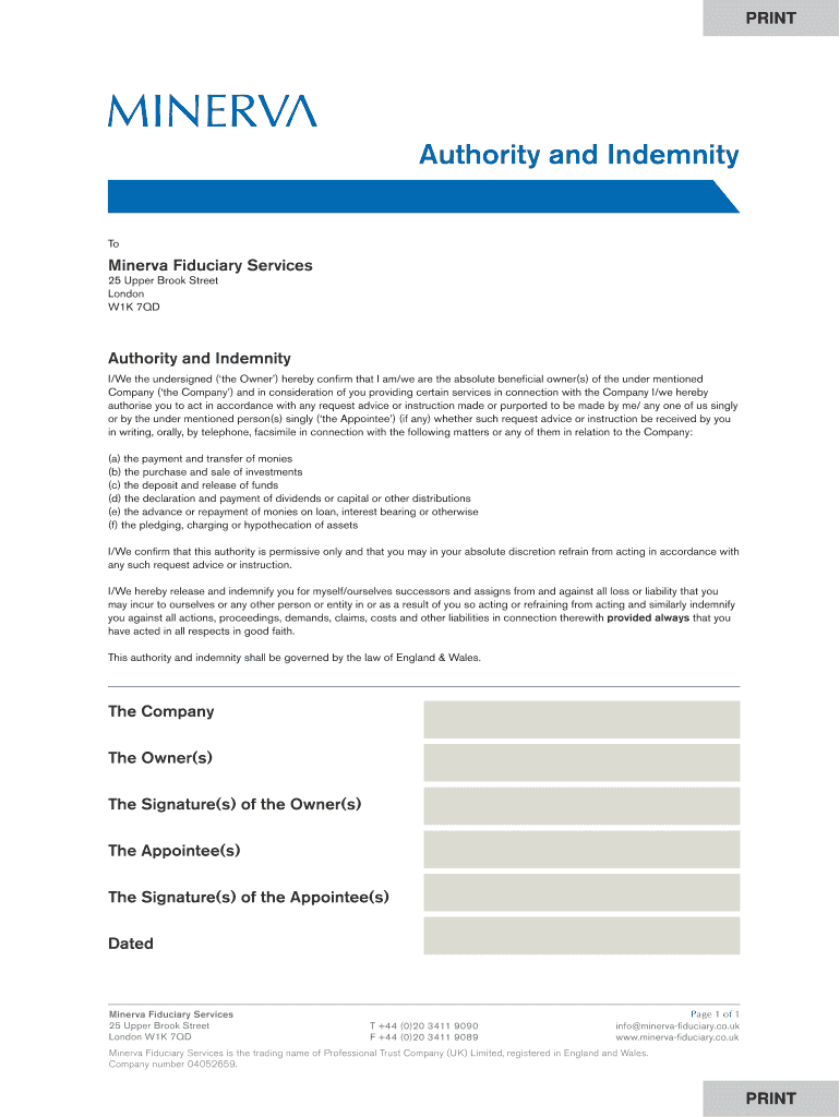 Fillable Online Authority and Indemnity Fax Email Print - pdfFiller