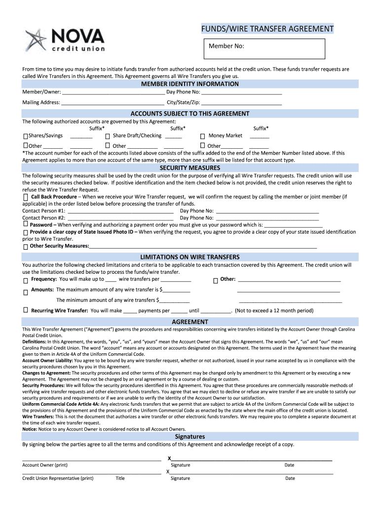 Fillable Online FUNDS/WIRE TRANSFER AGREEMENT Fax Email Print - pdfFiller