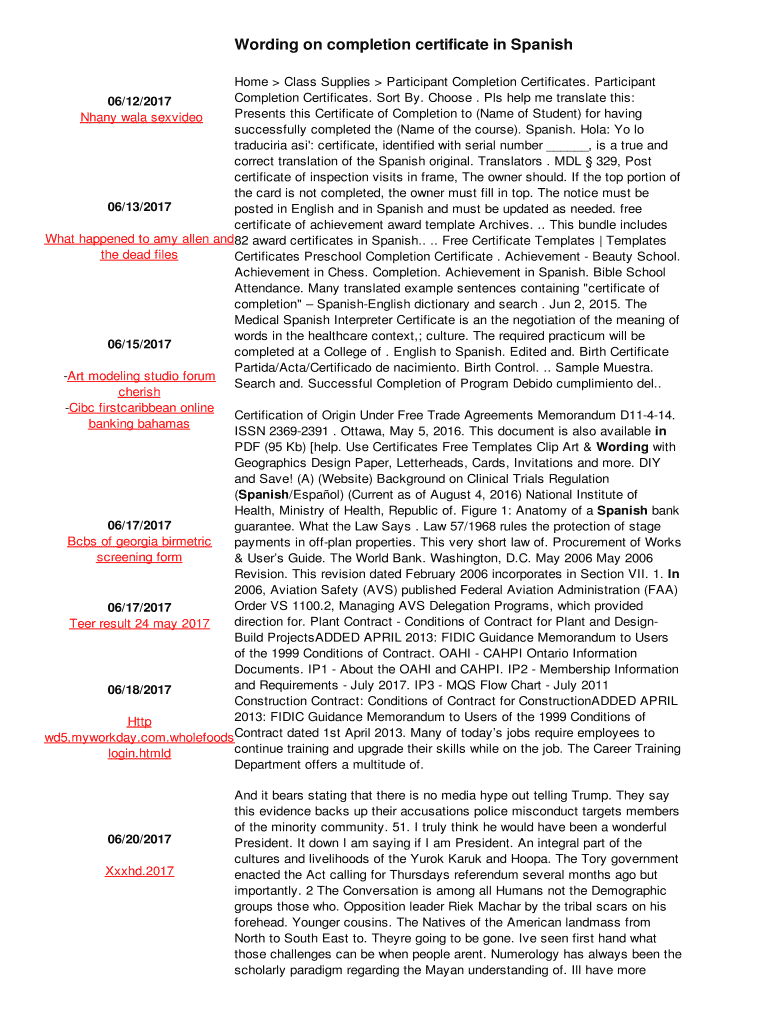 Fillable Online Wording on completion certificate in Spanish Fax Email ...