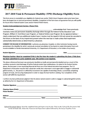 Fillable Online 2017-2018 Total & Permanent Disability (TPD) Discharge Eligibility Form Fax ...