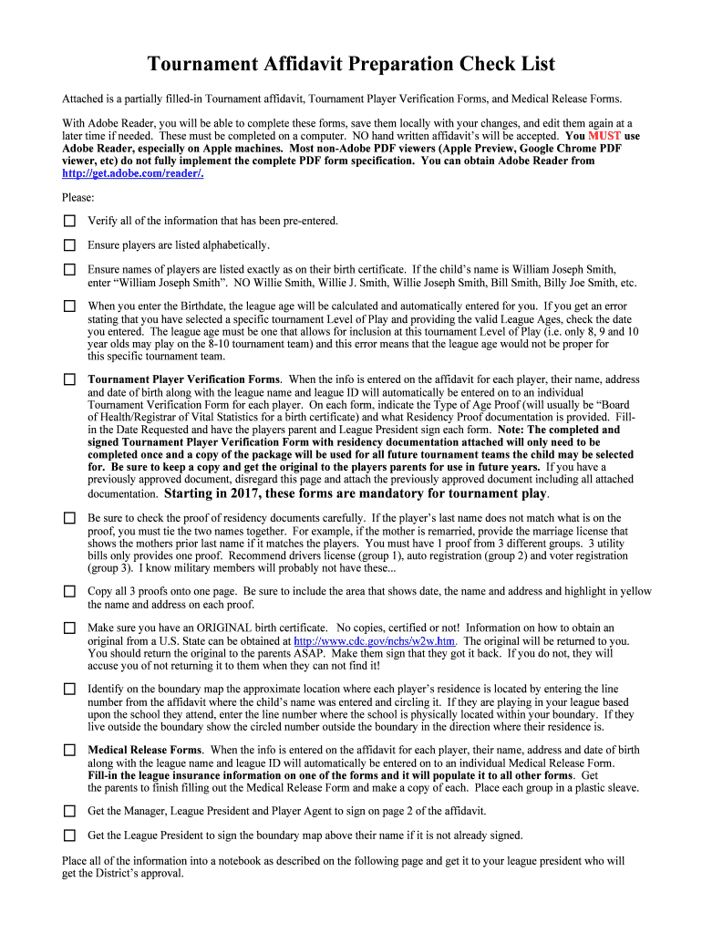 Fillable Online Tournament Affidavit Preparation Check List Fax Email ...