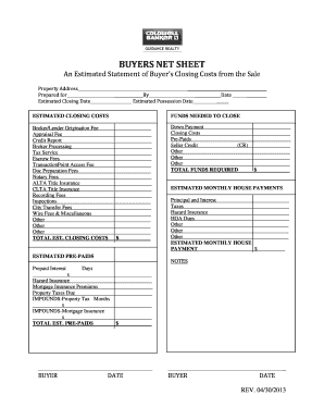 Fillable Online BUYERS NET SHEET Fax Email Print - pdfFiller
