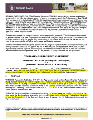 Fillable Online GENERAL DISCLAIMER: This CDBG Disaster Recovery (CDBG-DR) subrecipient agreement ...
