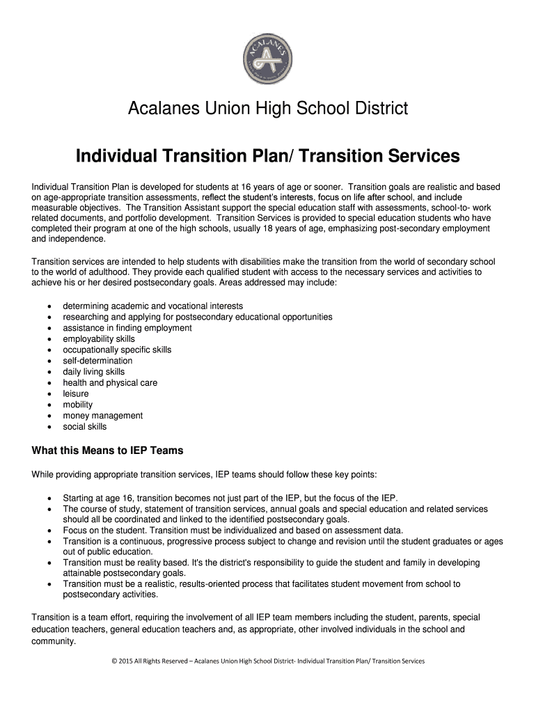 Fillable Online Individual Transition Plan/ Transition Services Fax ...