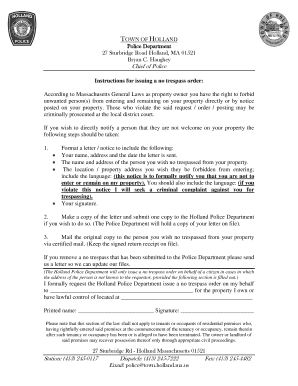 Fillable Online Instructions for issuing a no trespass order: Fax Email ...