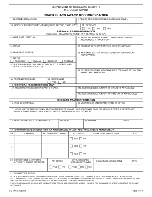 Fillable Online COAST GUARD AWARD RECOMMENDATION PERSONAL ... Fax Email ...