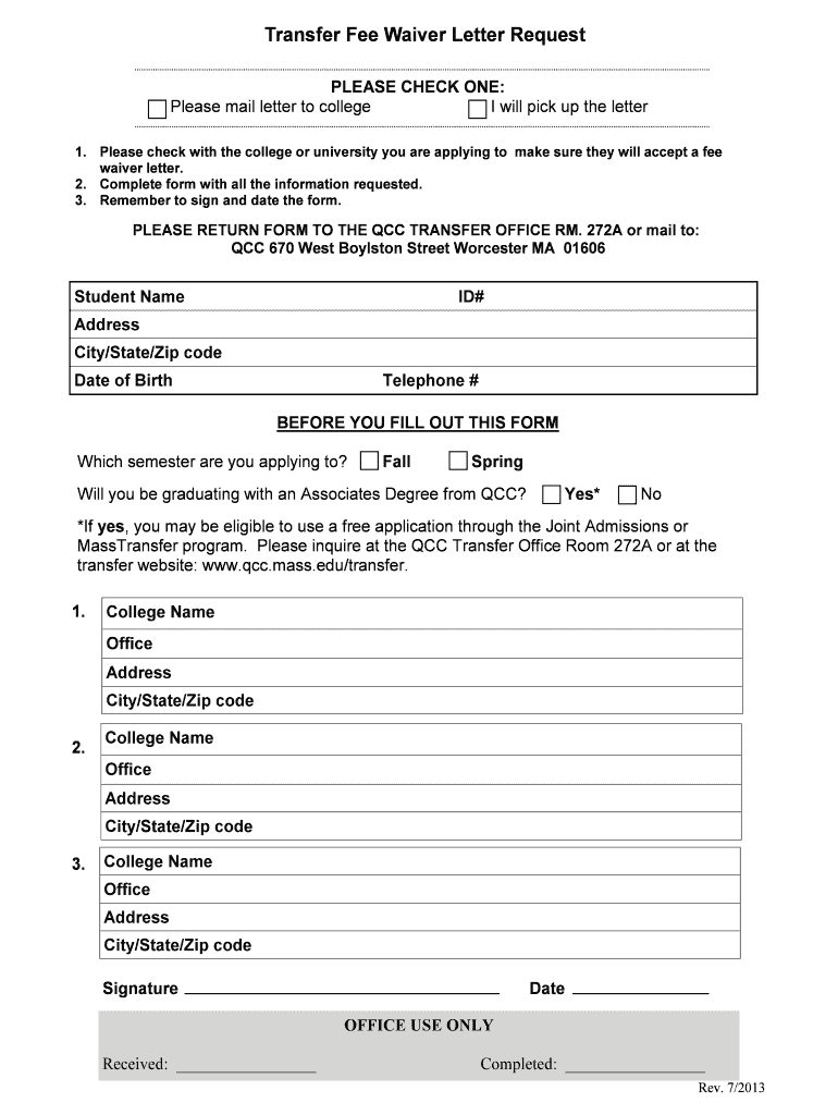 Fillable Online Transfer Fee Waiver Letter Request Fax Email Print ...