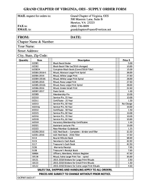Fillable Online GRAND CHAPTER OF VIRGINIA, OES - SUPPLY ORDER FORM Fax ...