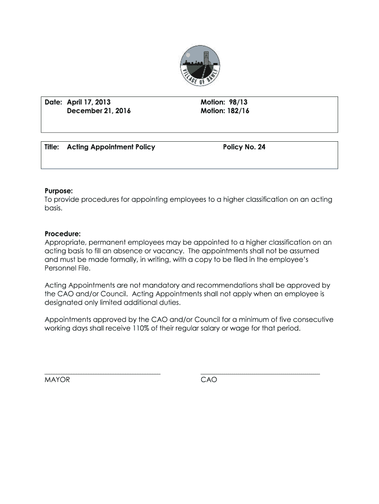 Fillable Online Acting Appointment Policy Fax Email Print - pdfFiller