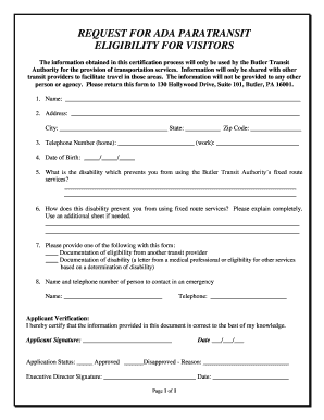 Fillable Online REQUEST FOR ADA PARATRANSIT Fax Email Print - pdfFiller
