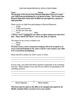 Fillable Online EXCUSE FROM PHYSICAL EDUCATION FORM Fax Email Print ...