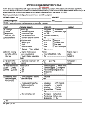 Fillable Online CERTIFICATION OF HAZARD ASSESSMENT FORM FOR PPE USE Fax ...