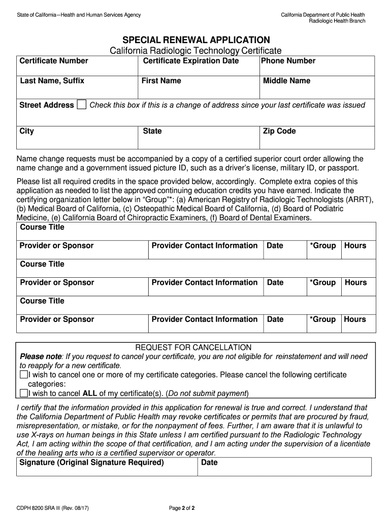 Fillable Online Special Renewal Application California Radiologic Technology Certificate (CDPH ...