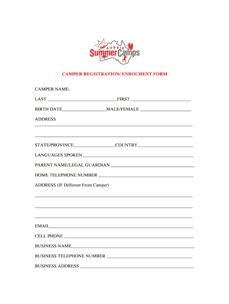 Fillable Online CAMPER REGISTRATION/ ENROLMENT FORM Fax Email Print ...