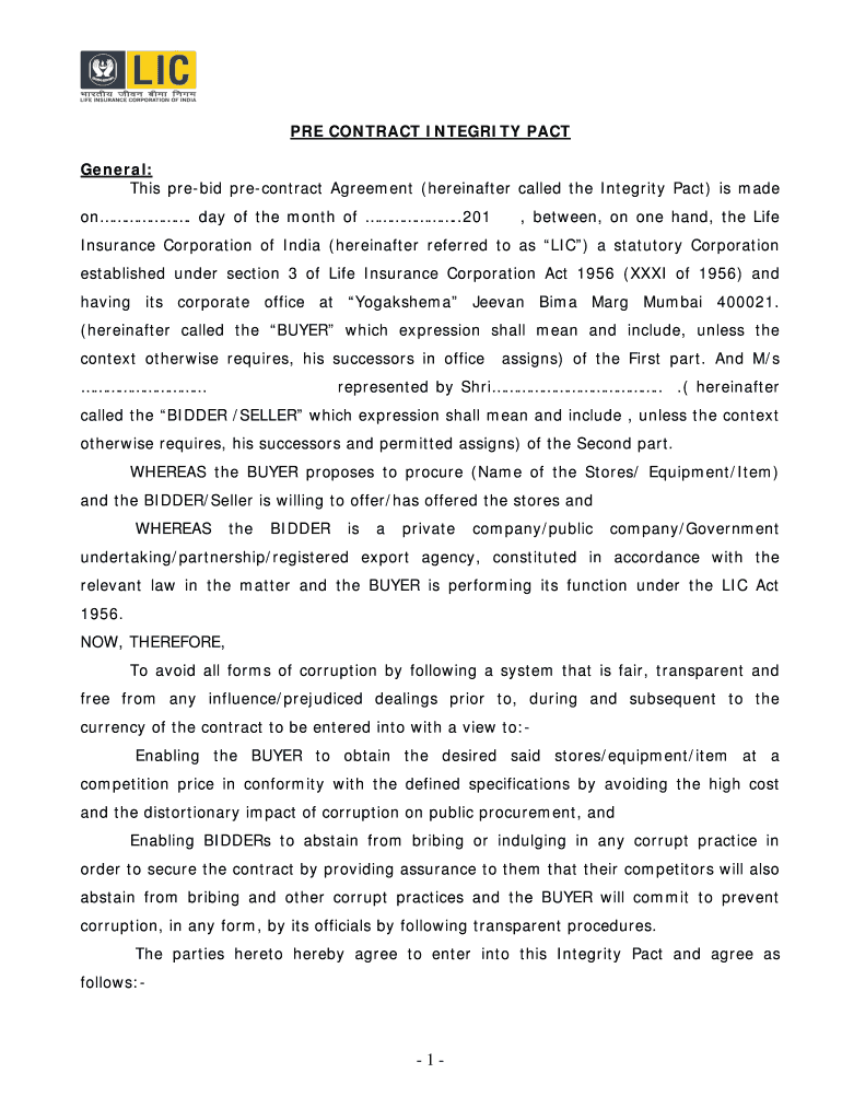 Fillable Online PRE CONTRACT INTEGRITY PACT Fax Email Print - pdfFiller