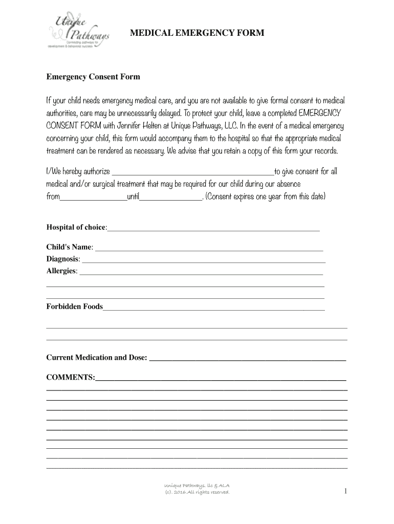 Fillable Online If your child needs emergency medical care, and you are ...