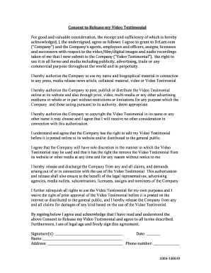 Fillable Online Consent to Release my Video Testimonial Fax Email Print ...