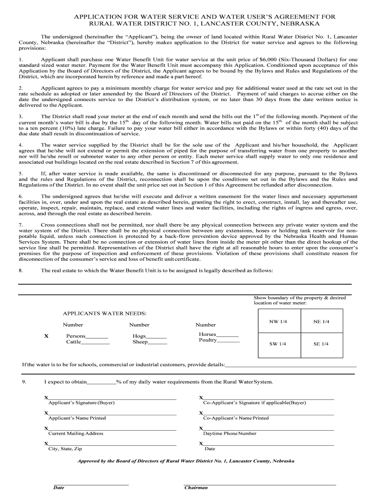 Fillable Online APPLICATION FOR WATER SERVICE AND WATER USERS AGREEMENT ...