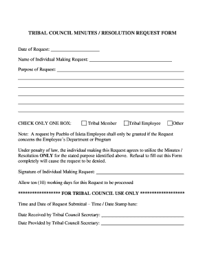 Fillable Online TRIBAL COUNCIL MINUTES / RESOLUTION REQUEST FORM Fax ...