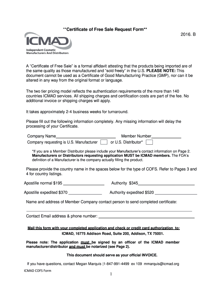 Fillable Online **Certificate of Free Sale Request Form** Fax Email Print - pdfFiller
