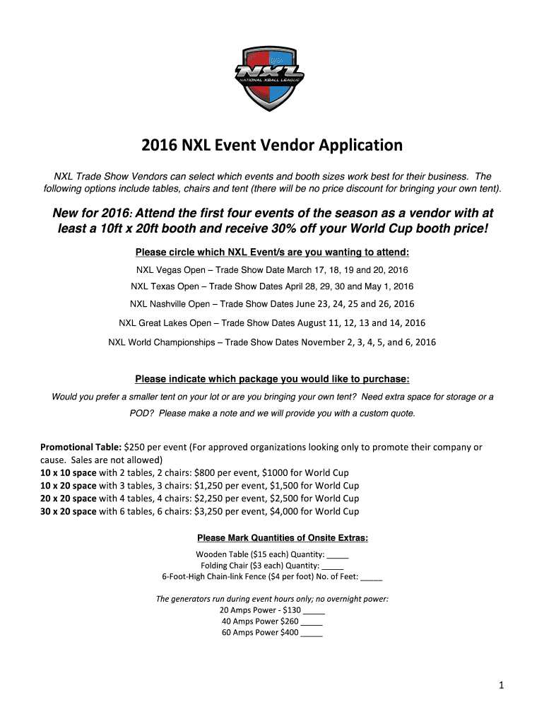 Fillable Online NXL Trade Show Vendors can select which events and ...