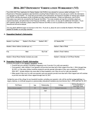 Fillable Online 20162017 DEPENDENT VERIFICATION WORKSHEET (V5) Fax Email Print - pdfFiller