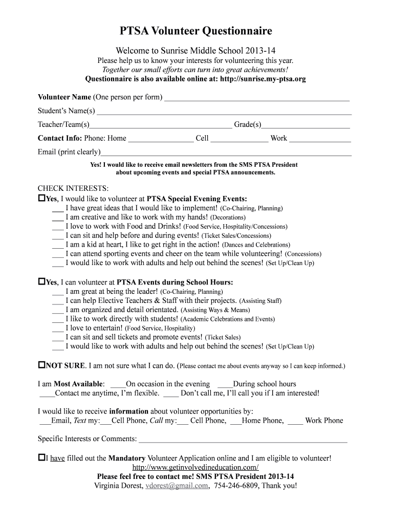 Fillable Online PTSA Volunteer Questionnaire Fax Email Print - pdfFiller