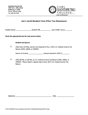 Fillable Online 2017-2018 Student Non-Filer Tax Statement Fax Email ...