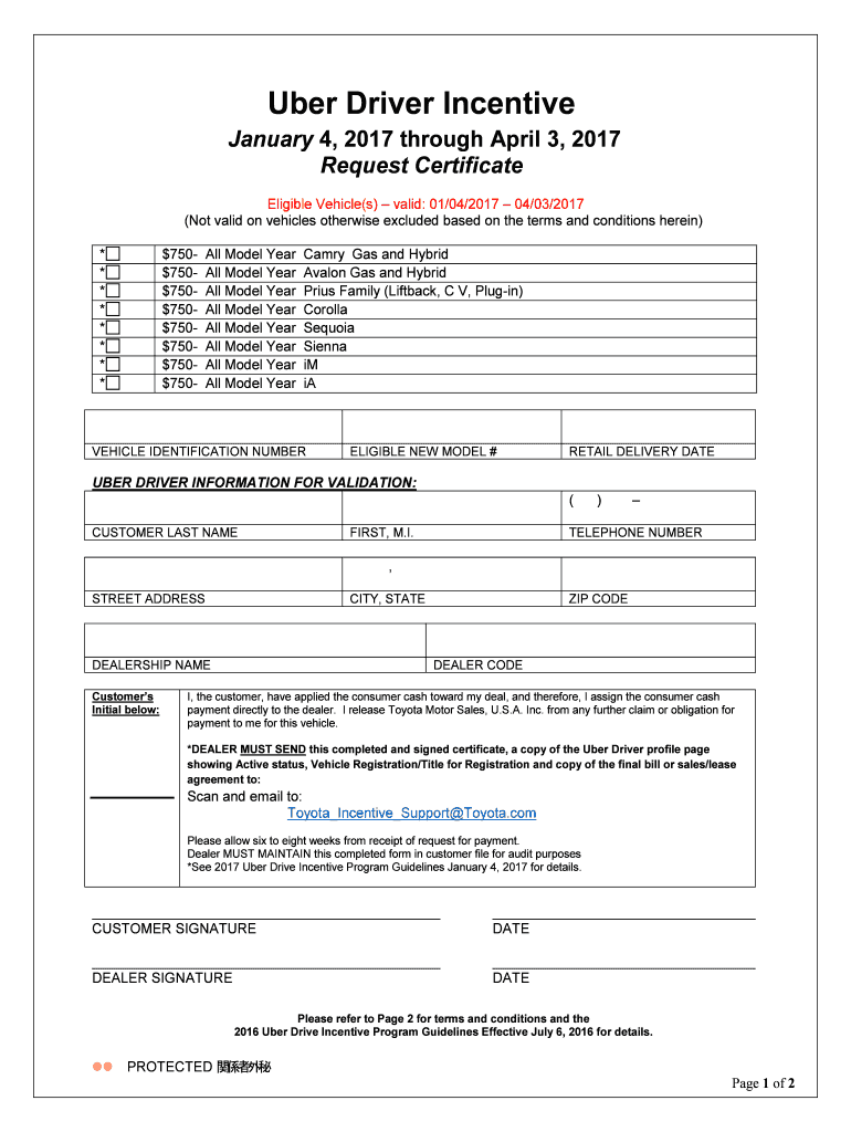 Fillable Online Uber Driver Incentive Fax Email Print - pdfFiller