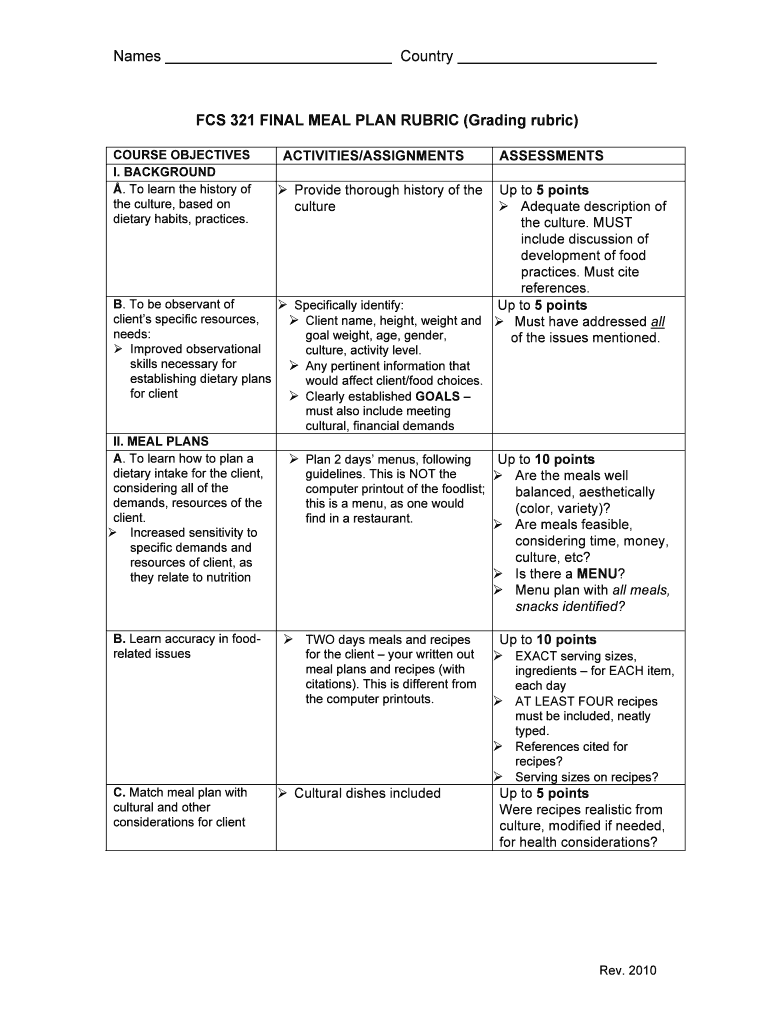 Fillable Online FCS 321 FINAL MEAL PLAN RUBRIC (Grading rubric) Fax ...