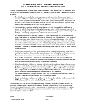 Fillable Online Fitness Liability Waiver / Informed Consent Form Fax ...