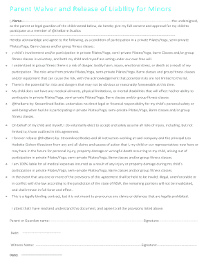 Fillable Online Parent Waiver and Release of Liability for Minors Fax ...