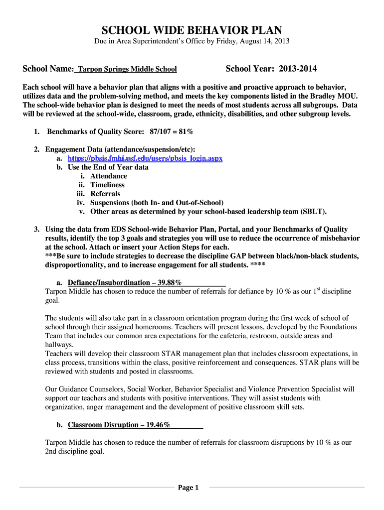 Fillable Online SCHOOL WIDE BEHAVIOR PLAN Fax Email Print - pdfFiller